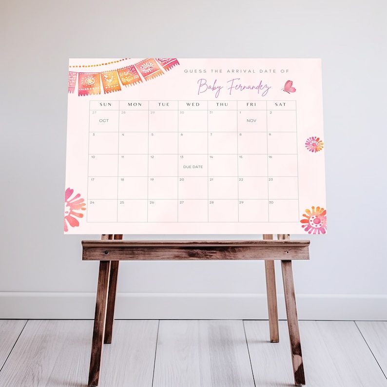 Editable Due Date Calendar Cielito Lindo Baby Shower Pink Talavera ...