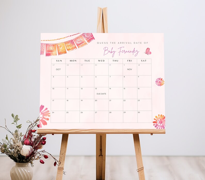 Editable Due Date Calendar Cielito Lindo Baby Shower Pink Talavera ...
