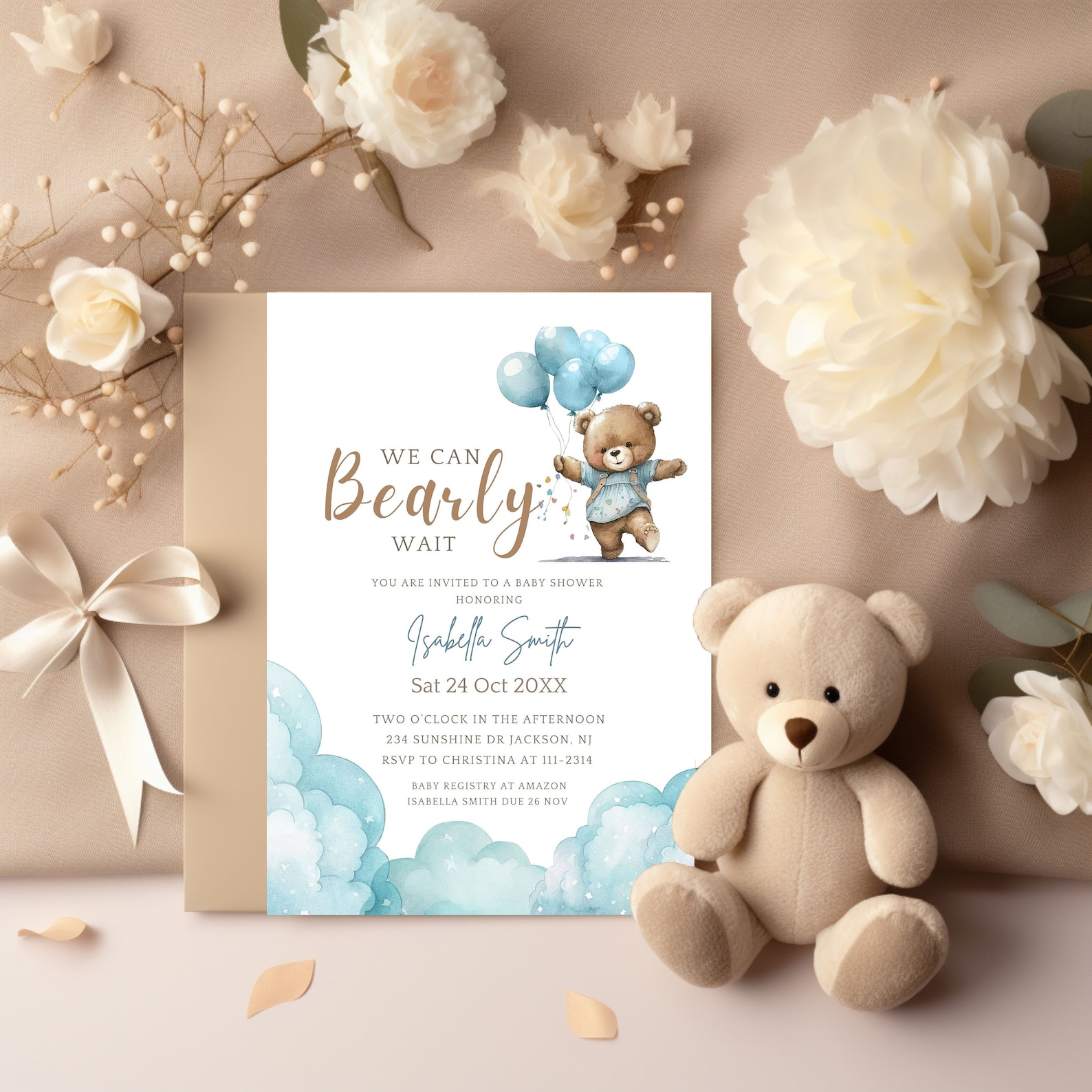 Editable We Can Bearly Wait Baby Shower Invitation Bear With Dusty Blue ...