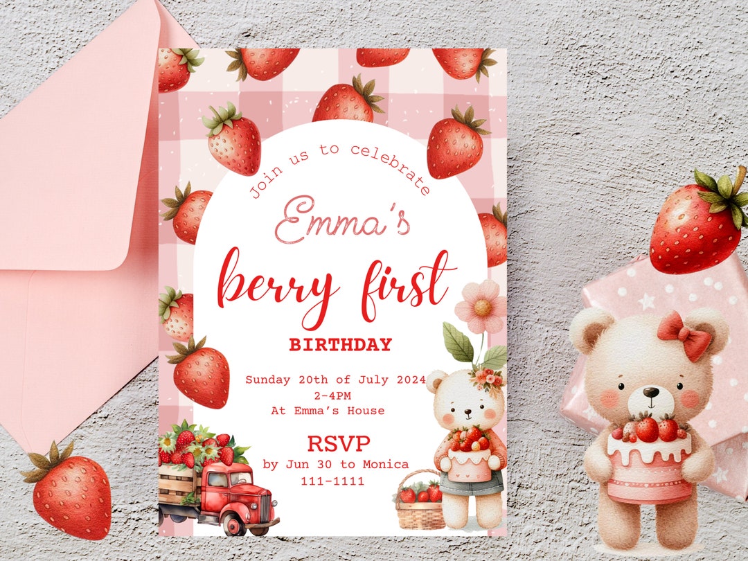 Berry First Birthday Invitation Template, Strawberry 1st Birthday ...