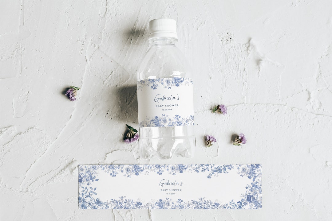 Dusty Blue Baby Shower Water Bottle Label Template Chinoiserie Blue ...