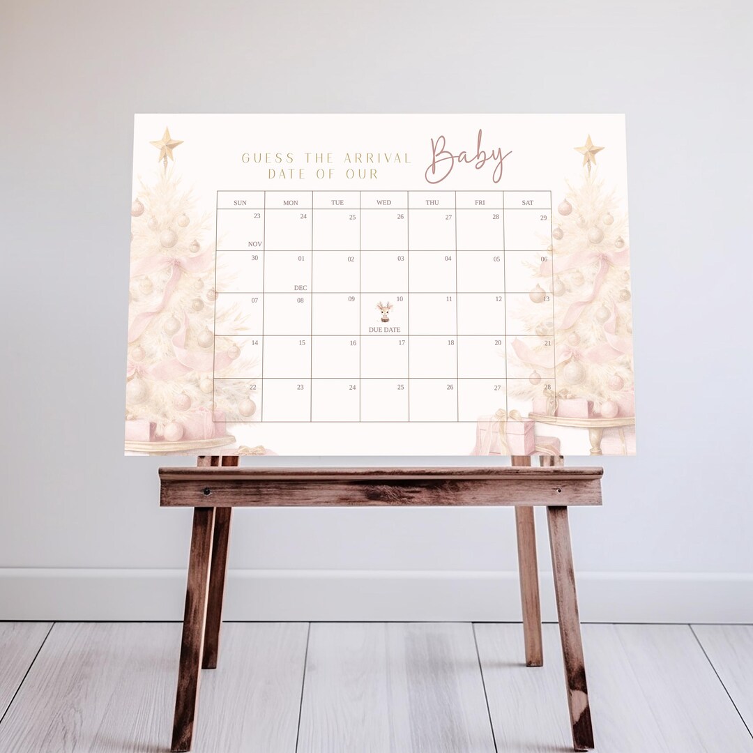 Editable Pink Christmas Baby Shower Due Date Calendar Merry Little ...
