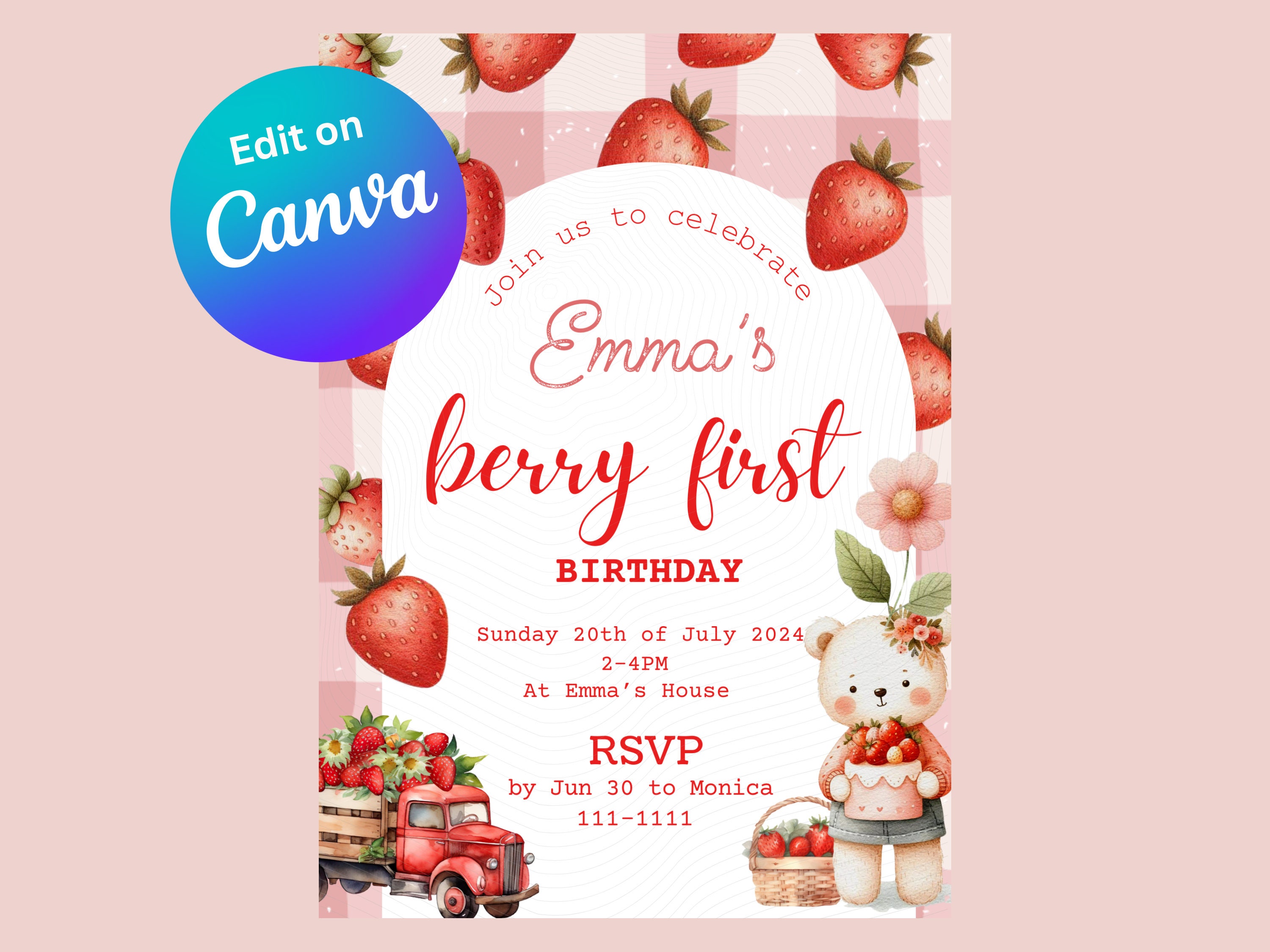 Berry First Birthday Invitation Template, Strawberry 1st Birthday ...