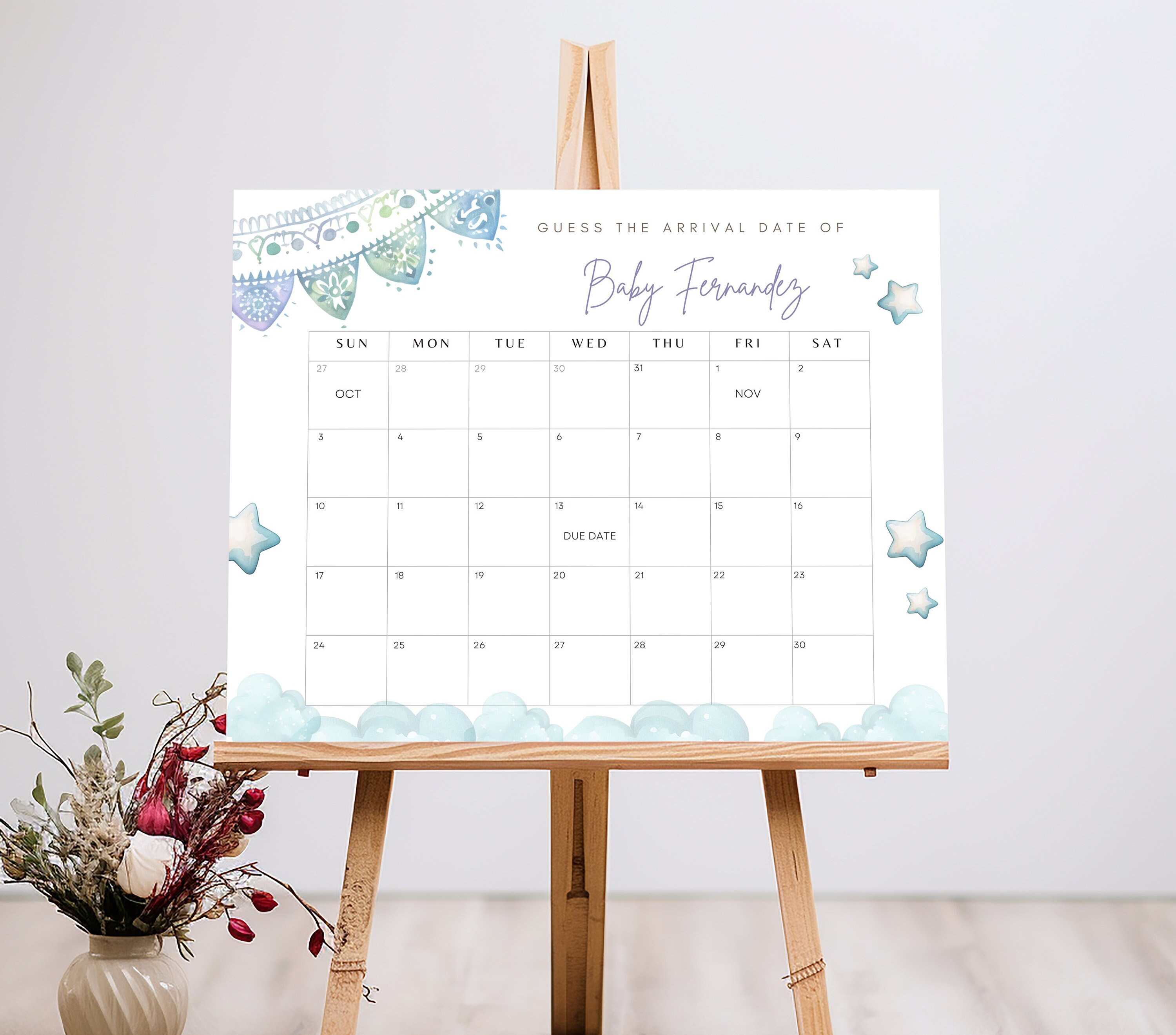 Editable Cielito Lindo Baby Shower Guess the Due Date Calendar Talavera ...