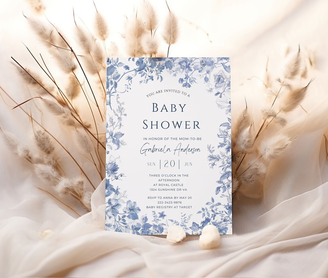 Dusty Blue Baby Shower Invite Elegant Chinoiserie Blue Floral Baby ...