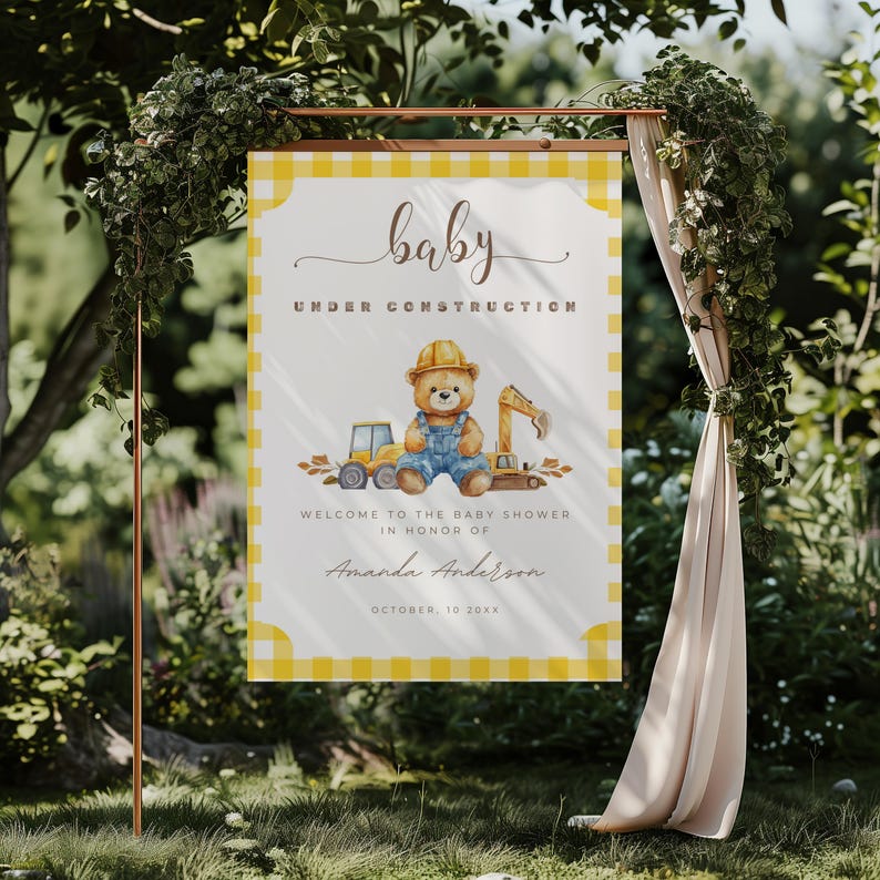 Baby Under Construction Teddy Bear Baby Shower Welcome Sign | Yellow ...