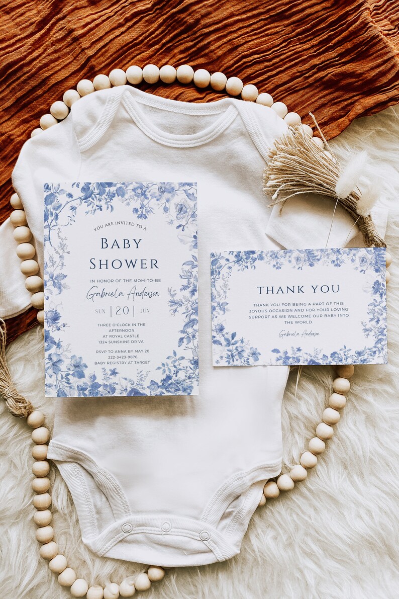 Editable Dusty Blue Baby Shower Invite Set Elegant Chinoiserie Blue ...