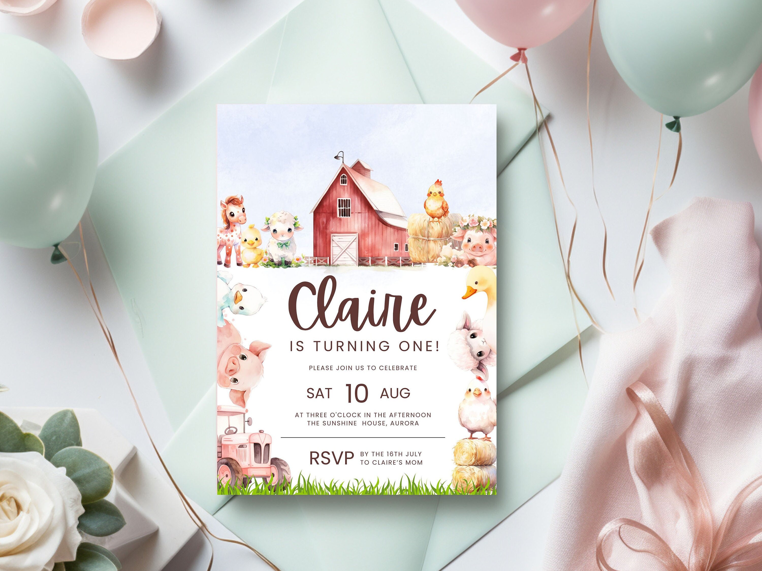 Editable Pink Farm Birthday Invitation, Farm Animals Birthday Invite ...