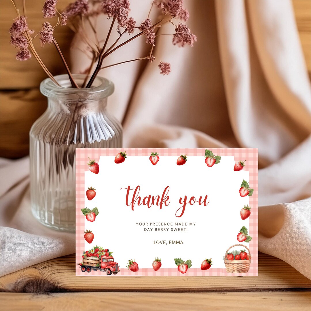 Editable Berry First Birthday Thank You Card, Strawberry Thank You Card ...