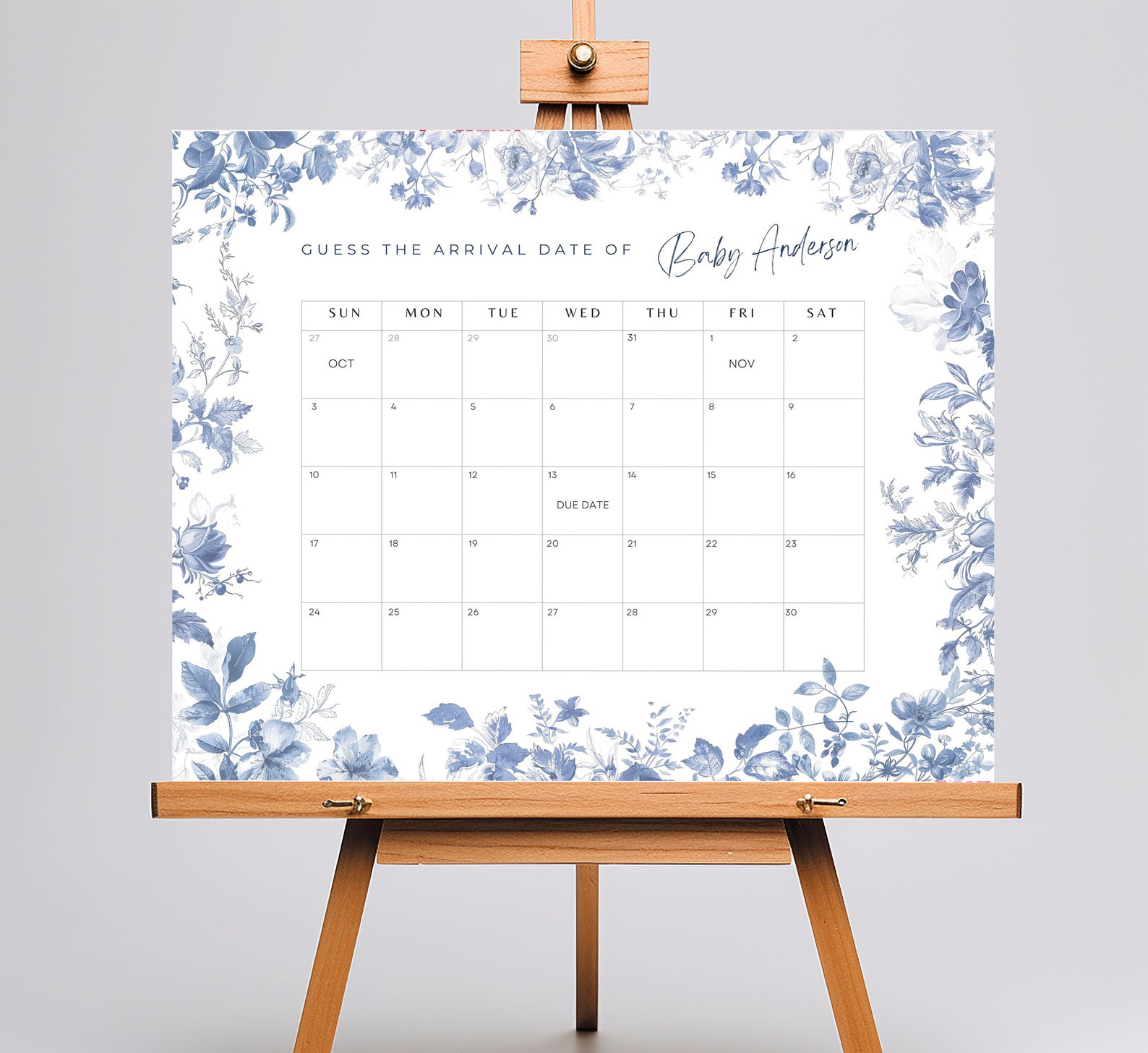 Dusty Blue Baby Shower Due Date Calendar Elegant Chinoiserie Blue ...