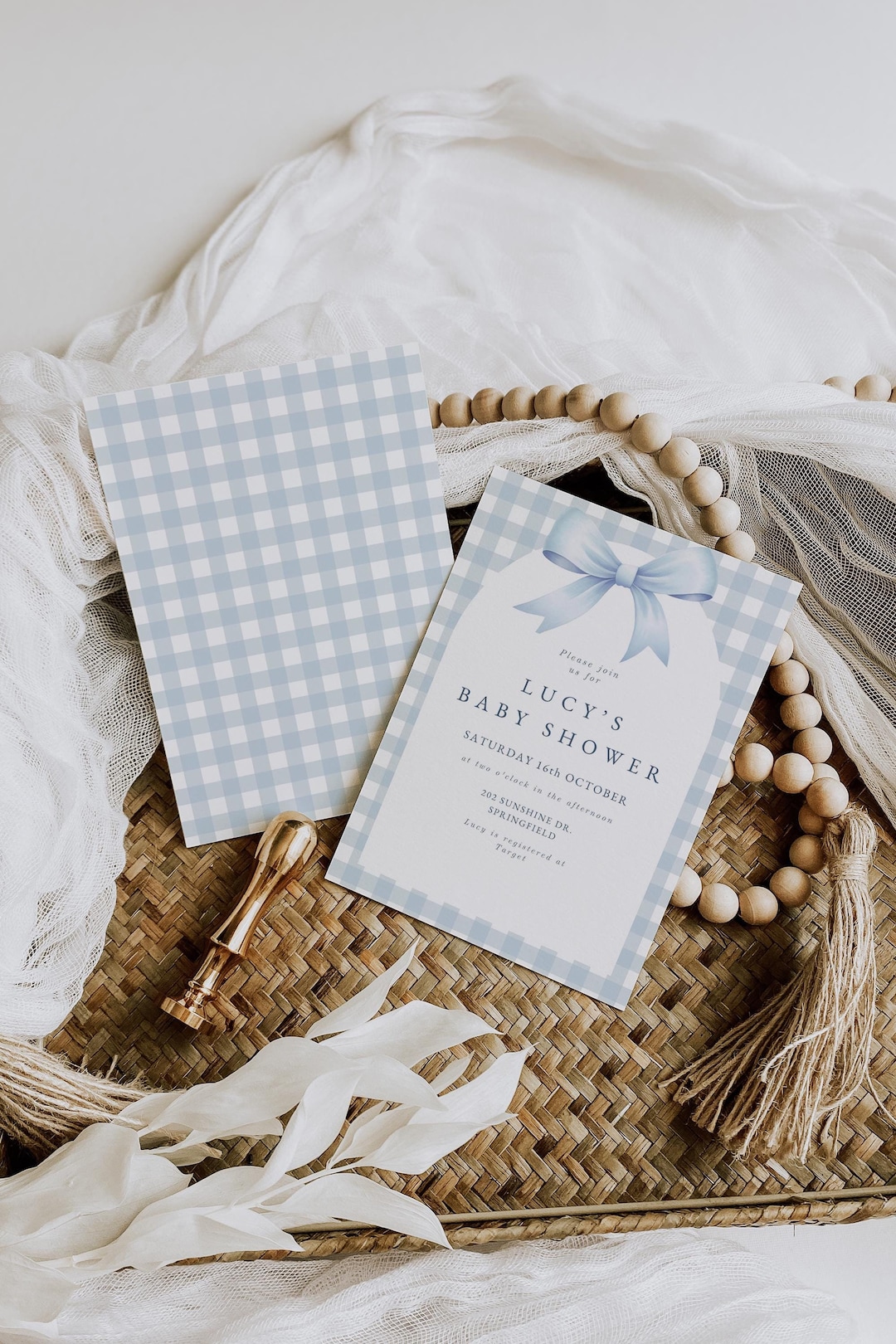 Editable Blue Gingham With Bow Baby Shower Invitation | Elegant Classic ...