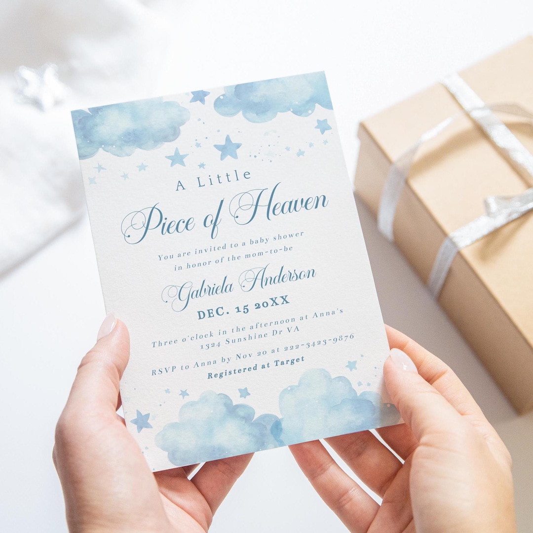 A Little Piece of Heaven Baby Shower Invitation Blue - Editable Cloud ...