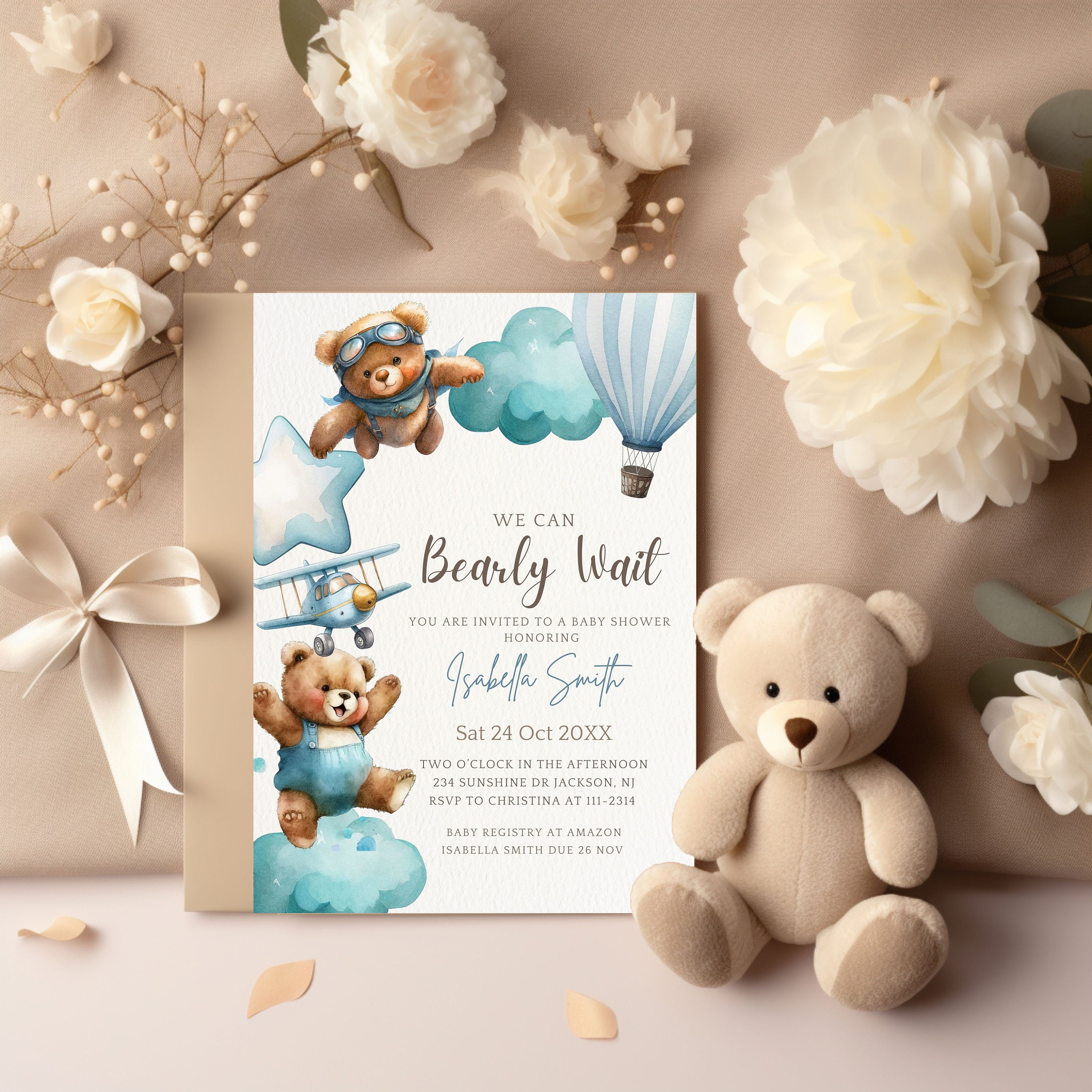 Editable We Can Bearly Wait Baby Shower Invitation Bear With Dusty Blue ...