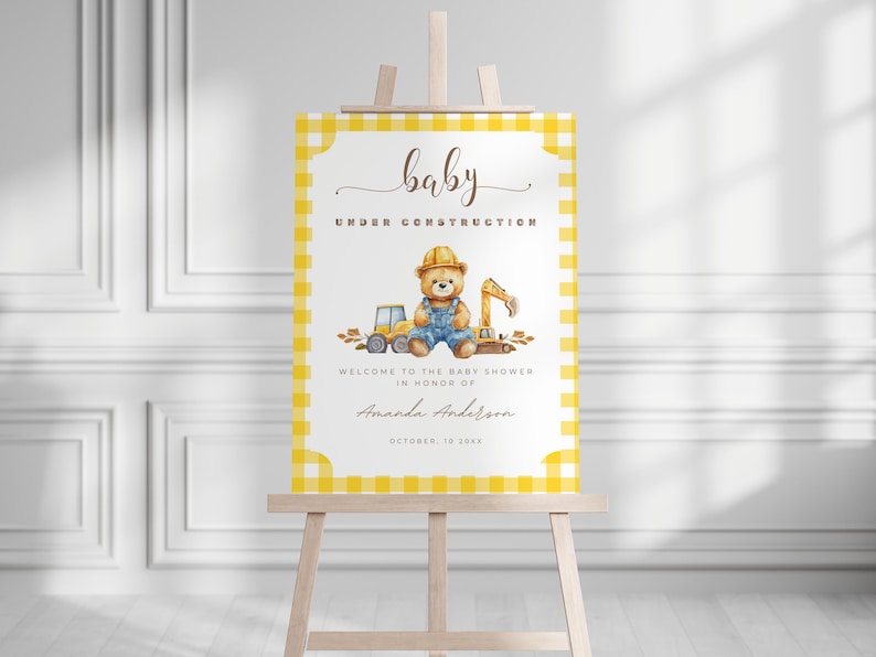 Baby Under Construction Teddy Bear Baby Shower Welcome Sign | Yellow ...