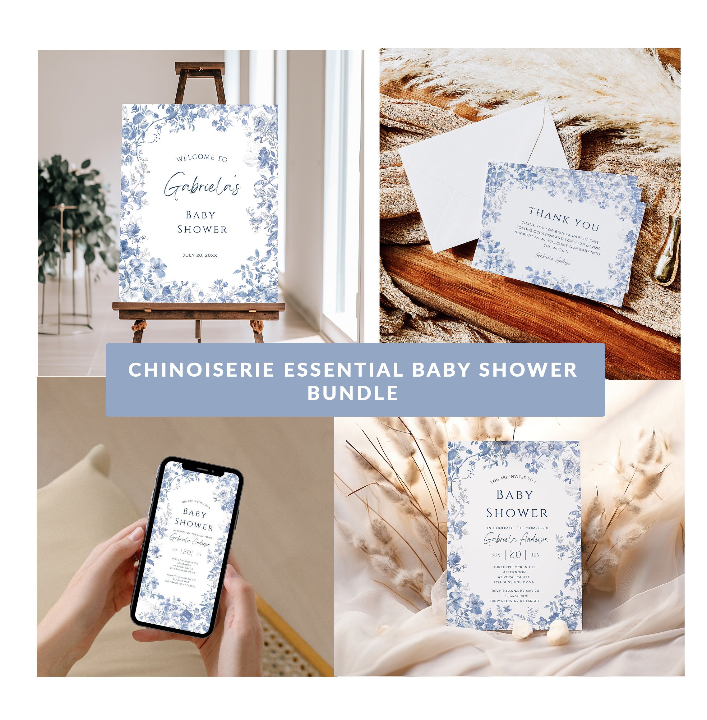 Editable Dusty Blue Baby Shower Invite Set Elegant Chinoiserie Blue ...