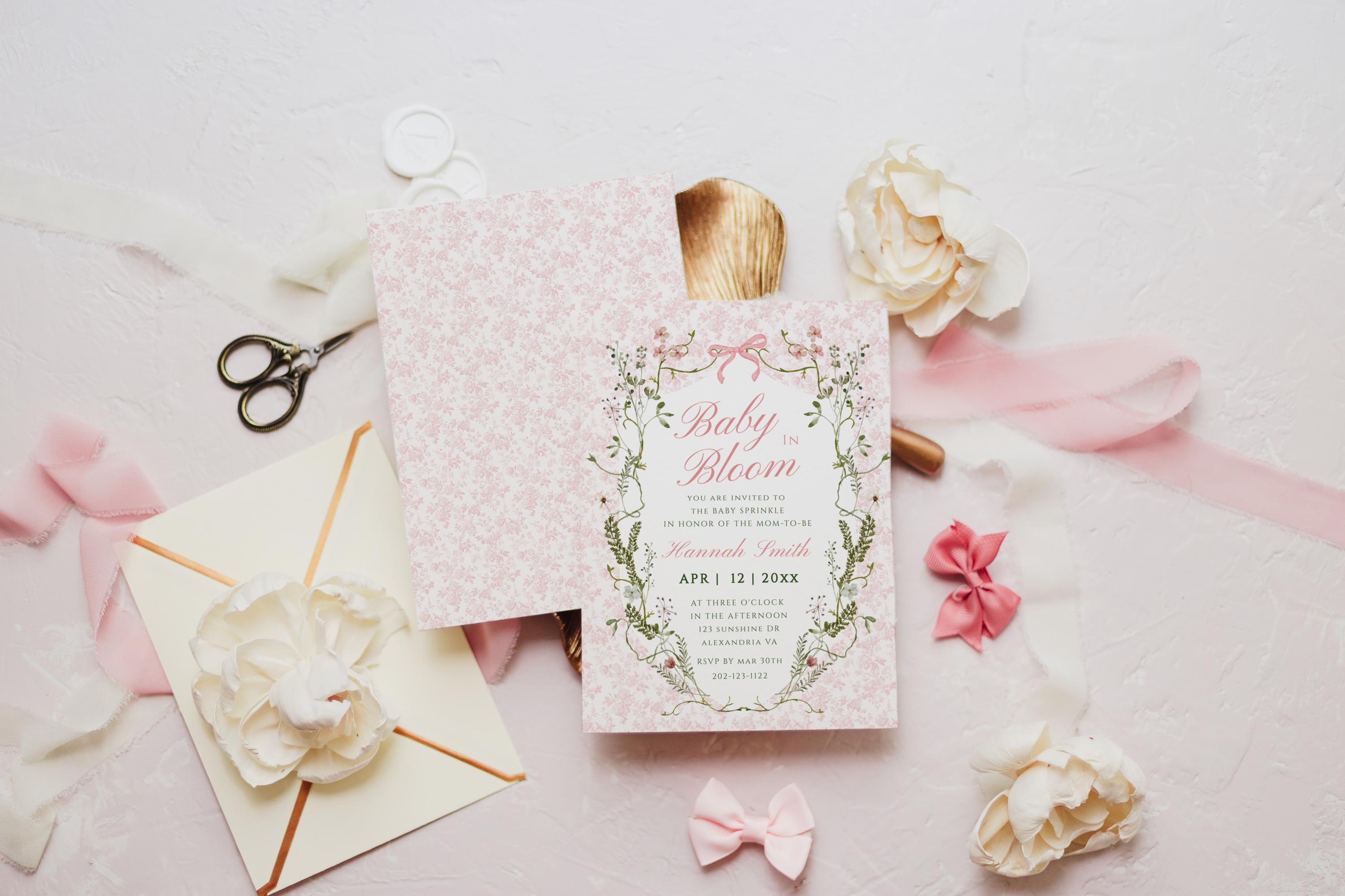 Baby in Bloom Grandmillenial Pink Girl Baby Shower Invitation Set ...