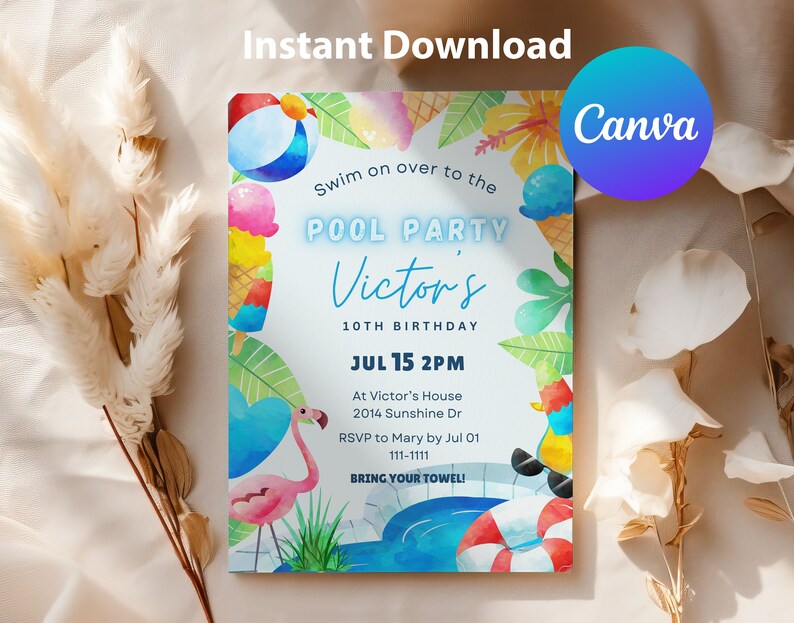 Neon Pool Party Boy's Birthday Invitation | Birthday Invite |summer ...