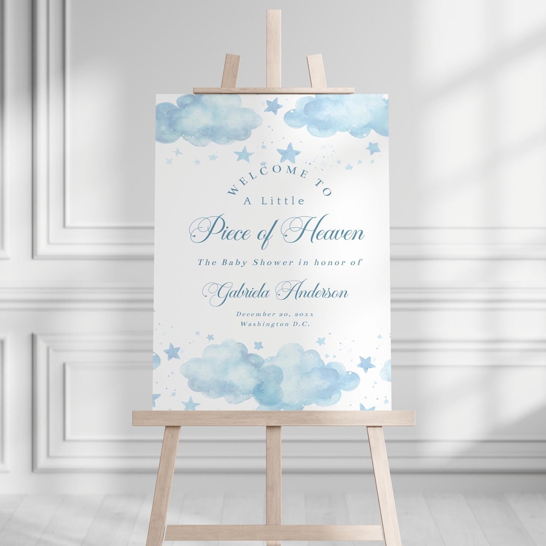A Little Piece of Heaven Baby Shower Welcome Sign Blue - Editable Cloud ...
