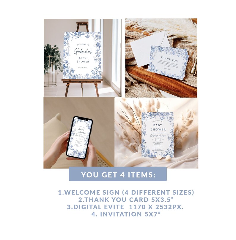 Editable Dusty Blue Baby Shower Invite Set Elegant Chinoiserie Blue ...