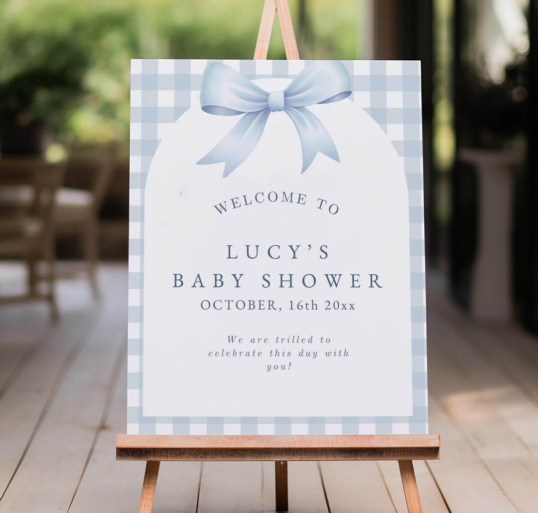 Editable Blue Gingham With Bow Baby Shower Welcome Sign | Elegant ...