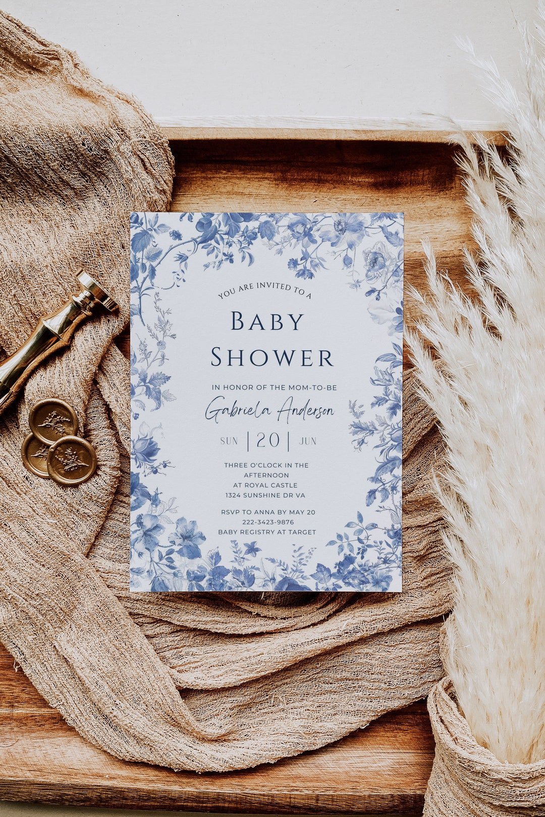 Dusty Blue Baby Shower Invite Elegant Chinoiserie Blue Floral Baby ...