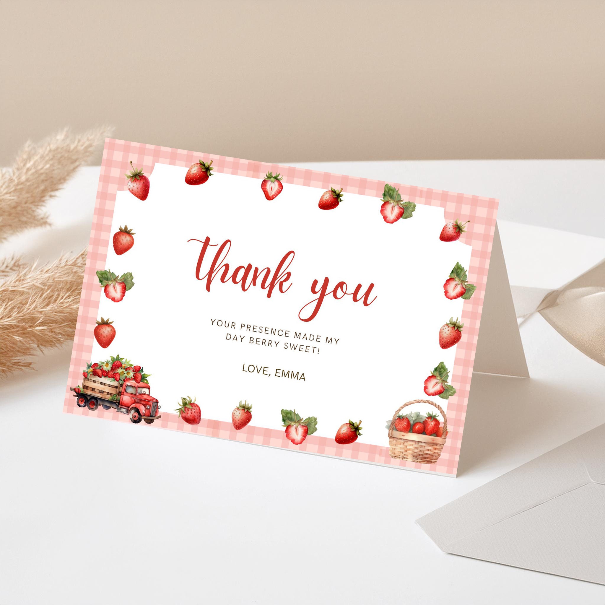 Editable Berry First Birthday Thank You Card, Strawberry Thank You Card ...