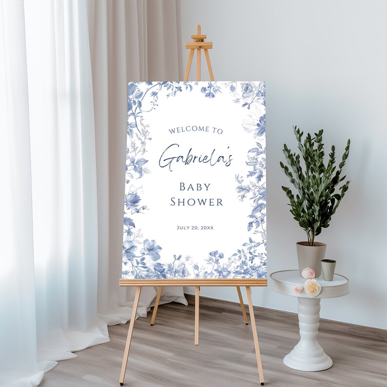 Toile De Jouy Blue Baby Shower Welcome Sign, Blue Chinoiserie Vintage ...