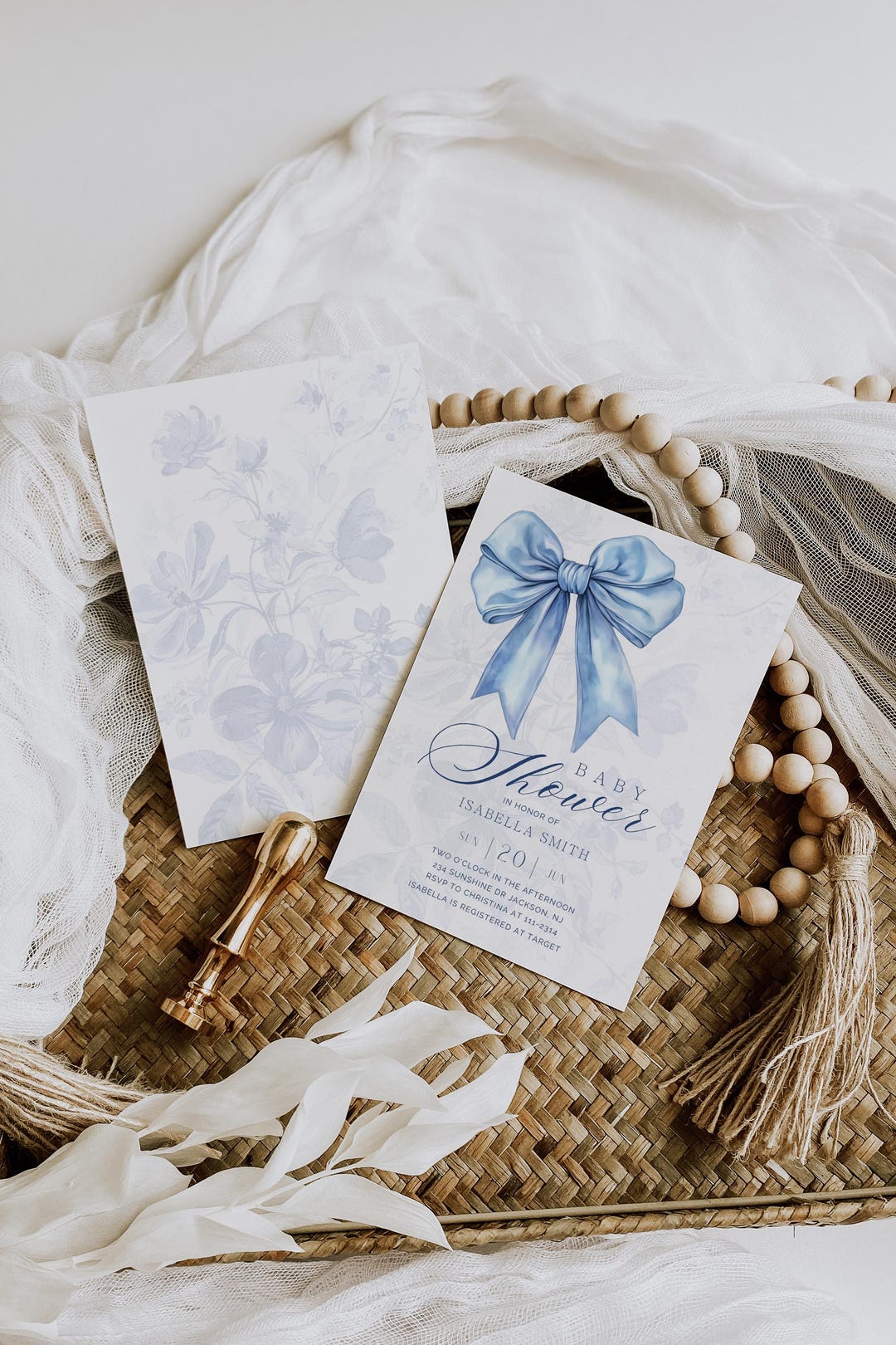 Toile De Jouy Blue Baby Shower Invite Elegant Chinoiserie Bow Baby ...