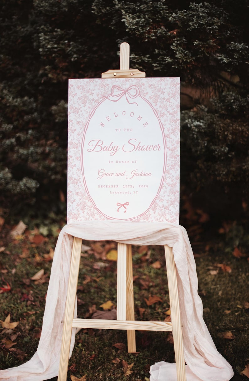 Elegant Toile Baby Shower Welcome Sign Template, Dusty Pink Floral Bow ...