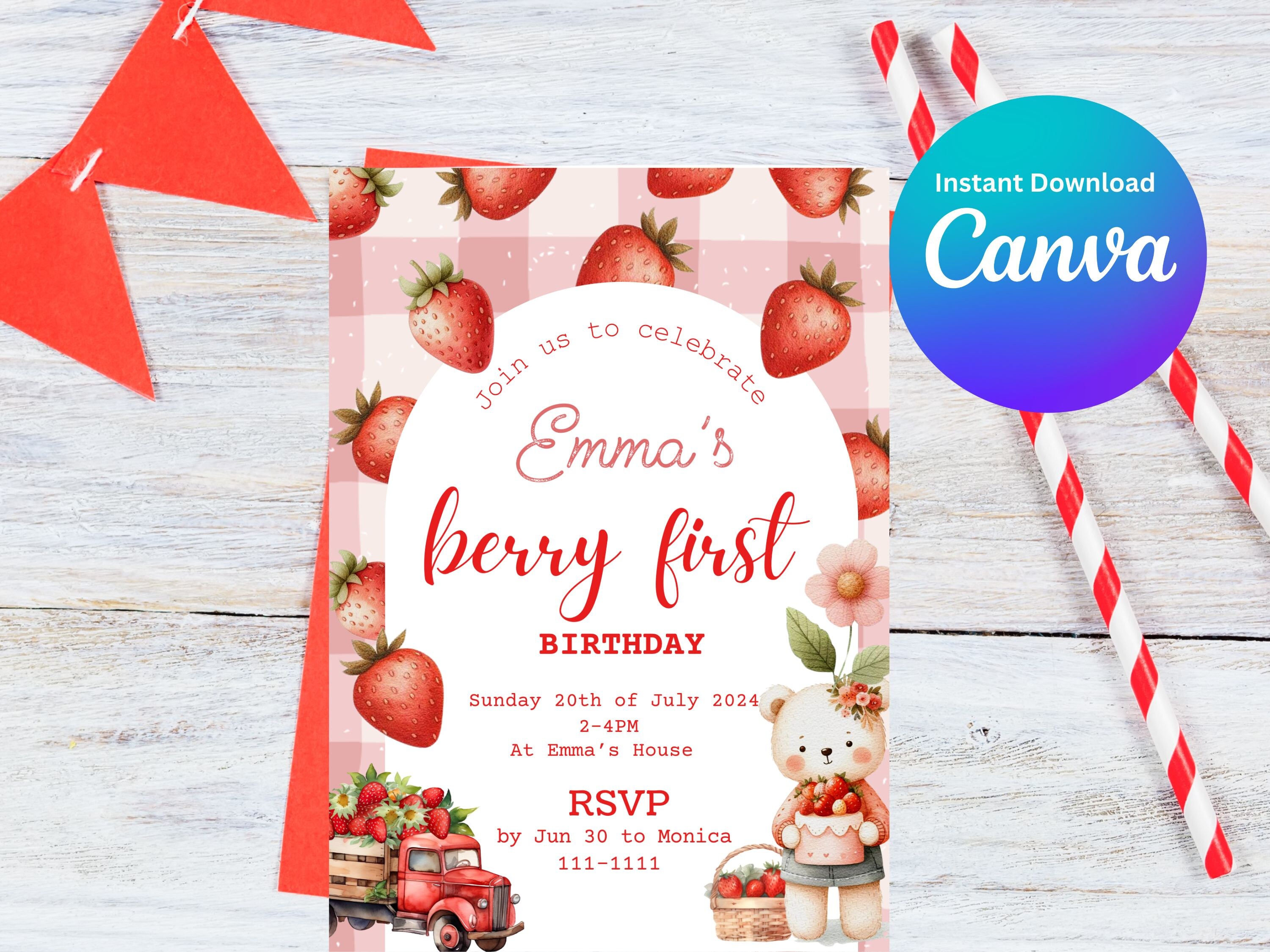 Berry First Birthday Invitation Template, Strawberry 1st Birthday ...