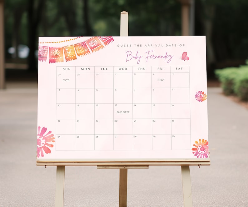 Editable Due Date Calendar Cielito Lindo Baby Shower Pink Talavera ...