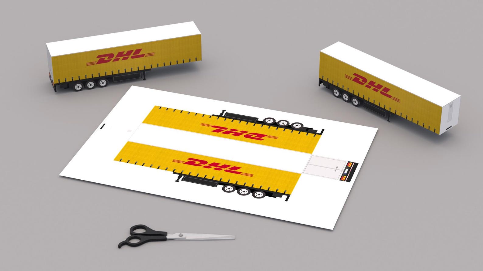 Paper Model - Semi Curtain Trailer, DHL Container, DIY Printable Paper ...