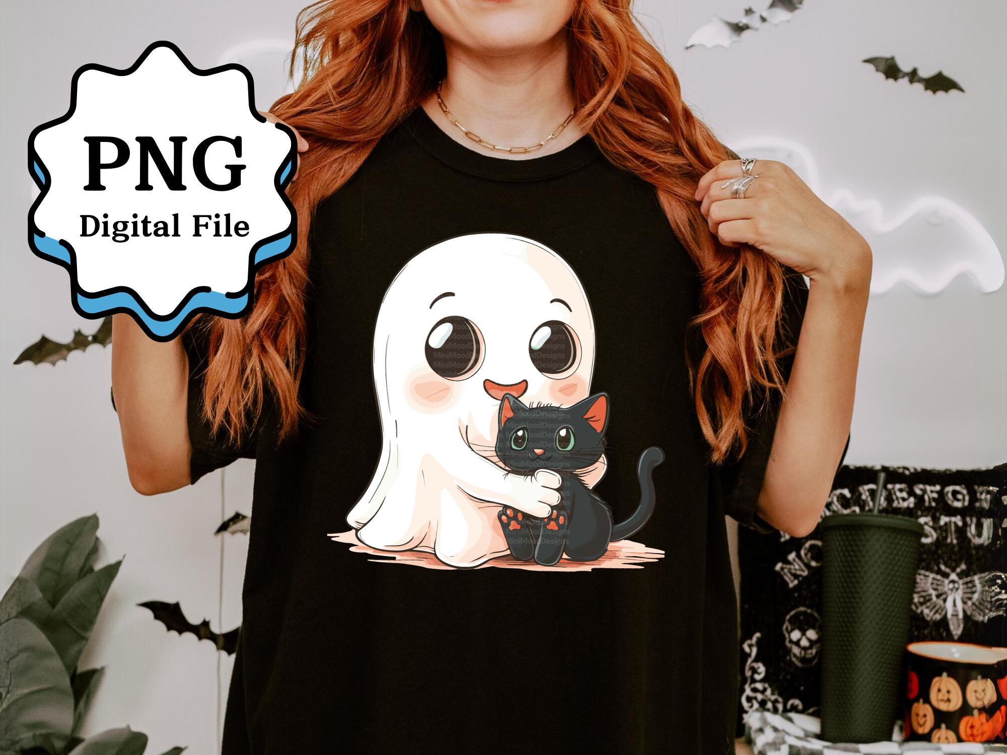 Cute Ghost With a Black Cat Png, Ghost Cat Png, Halloween Png, Cute ...