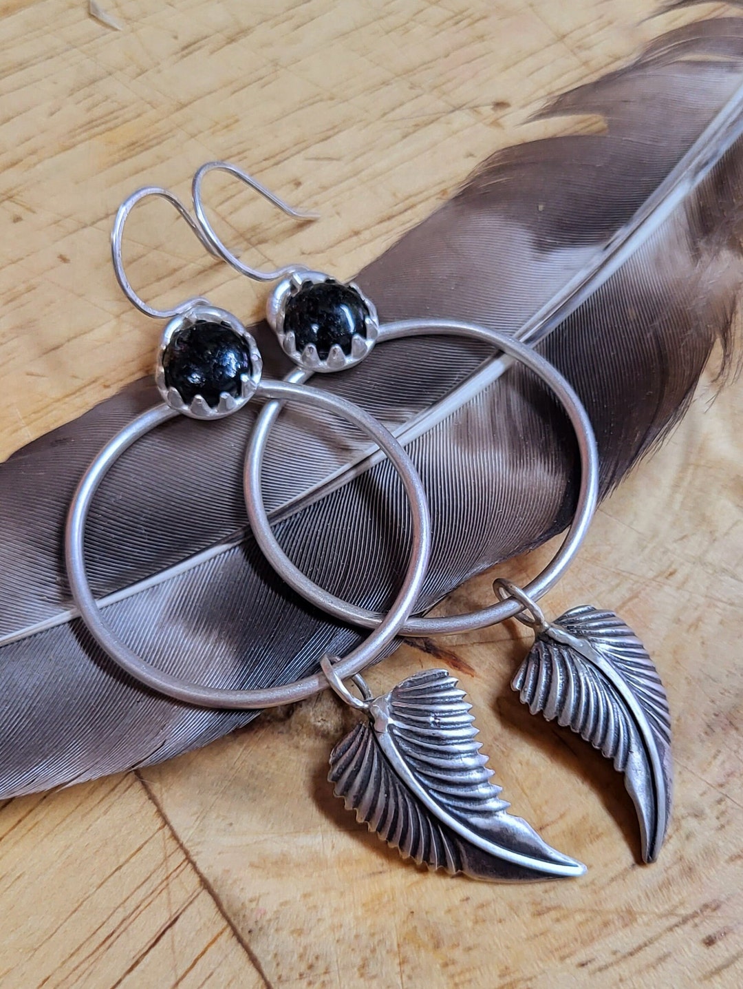Black Granite & Feather Hoops - Etsy