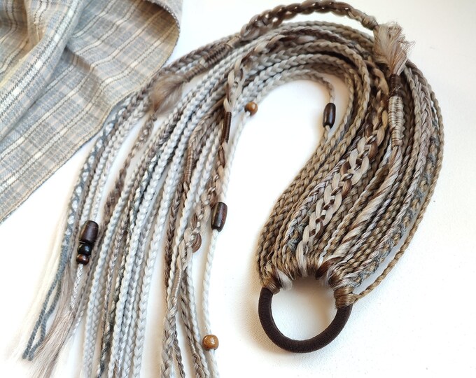Gray Viking Braids on Hair Elastic, Boho Dreadlock Ponytail Hair ...
