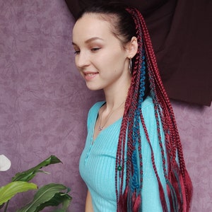 Red Braids Extensions on Hairband, Dreadlock Ponytail With Blue and ...