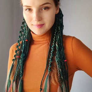 Viking Braids Emerald Green on Hairband, Boho Dreadlock Ponytail Green ...