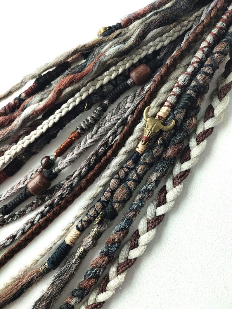 Brown Gray Clip in Dreadlocks, Boho Hair Extension, Viking Crochet ...