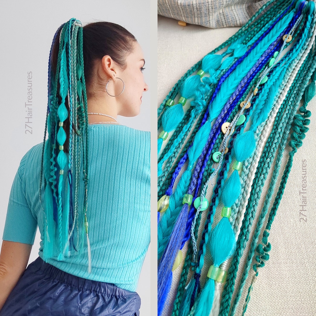 Dreadlock Ponytail Wig Blue, Turquoise Bubble Braids on Hairband, Rave ...
