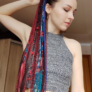 Dark Red Braids on Hairband, Viking Hair Extension Blue, Boho Dreadlock ...