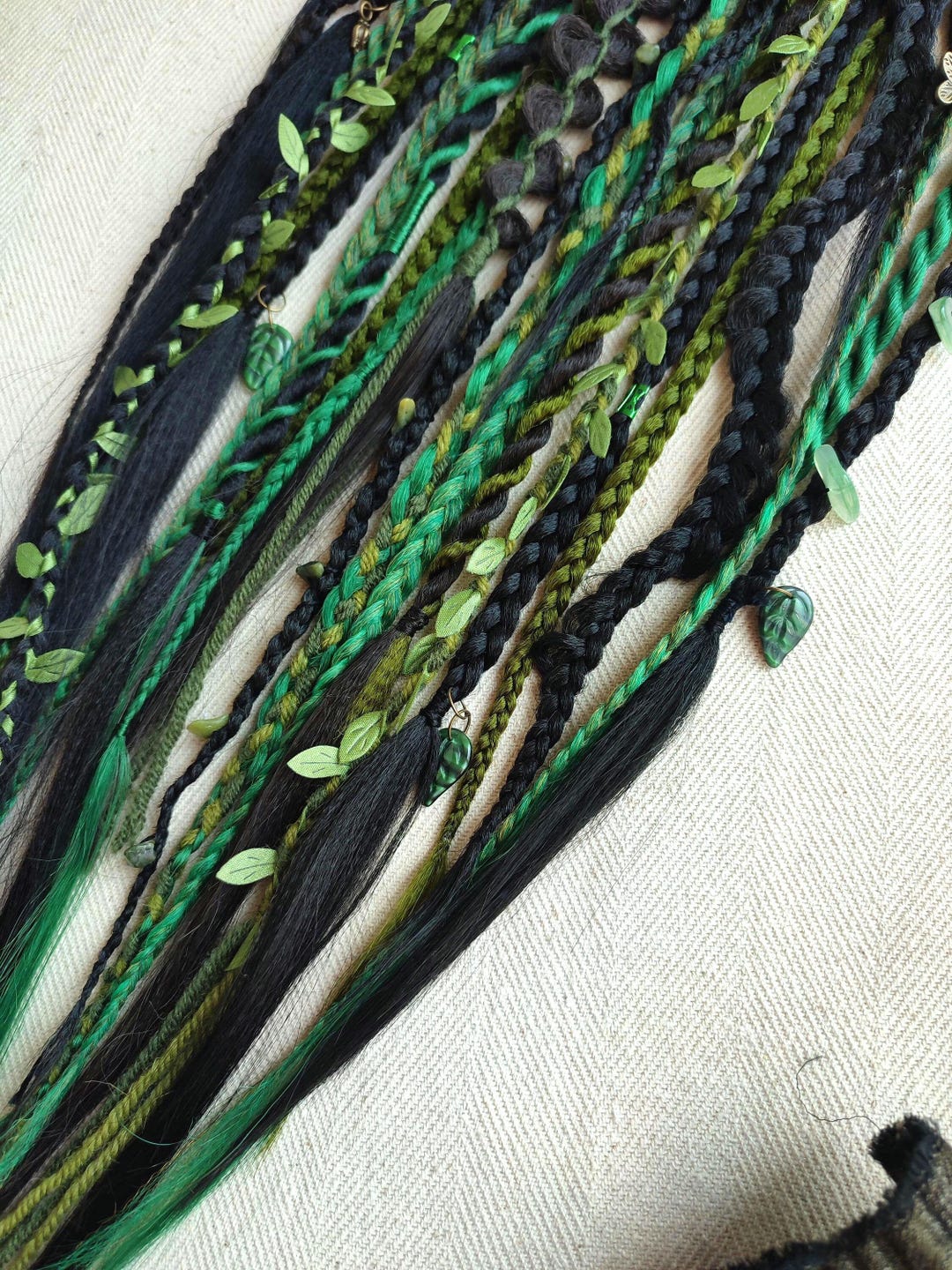 Viking Braids Black on Hairband, Boho Dreadlock Ponytail Forest Green ...