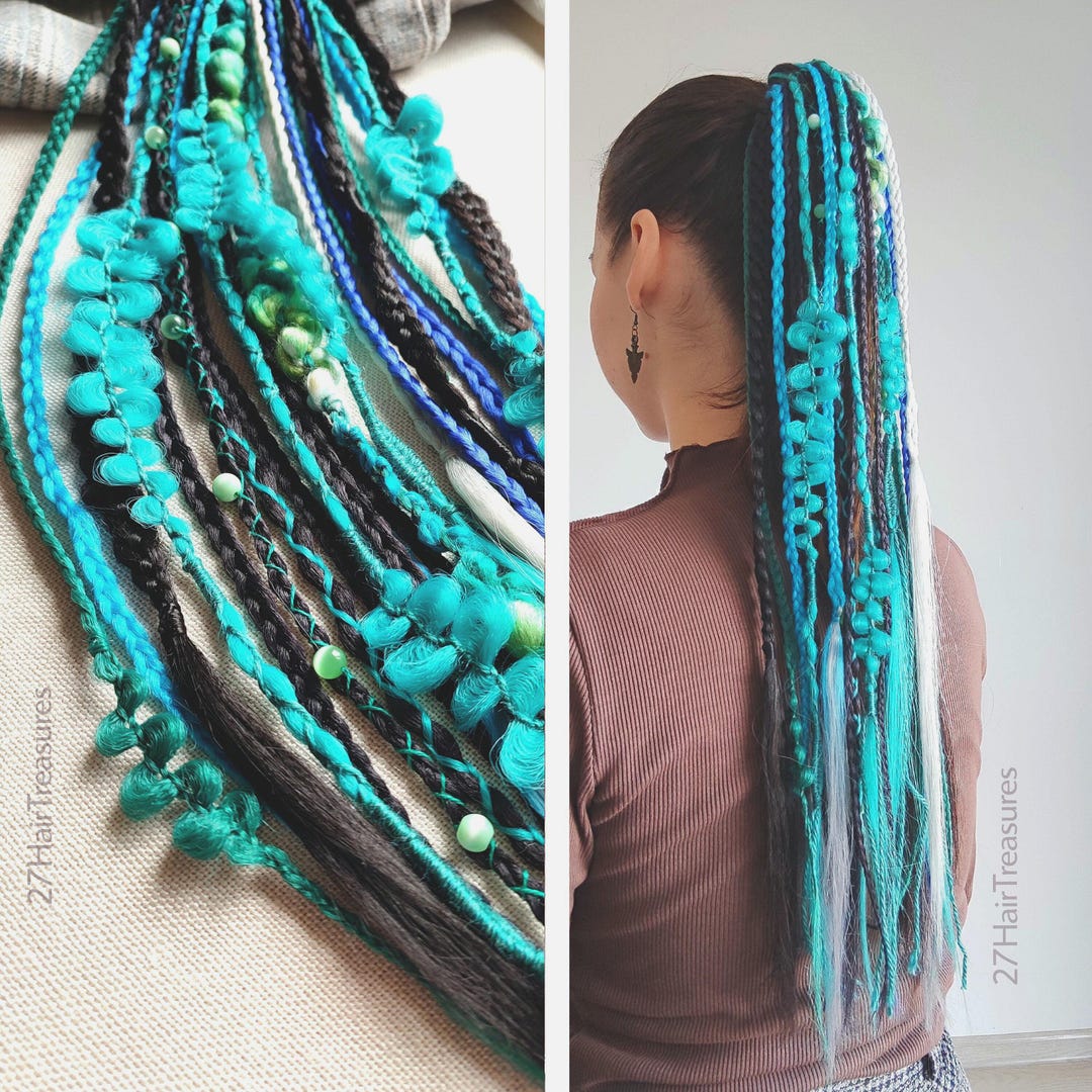 Turquoise Dreadlock Ponytail Wig, Dark Brown Braids on Hairband, Rave ...