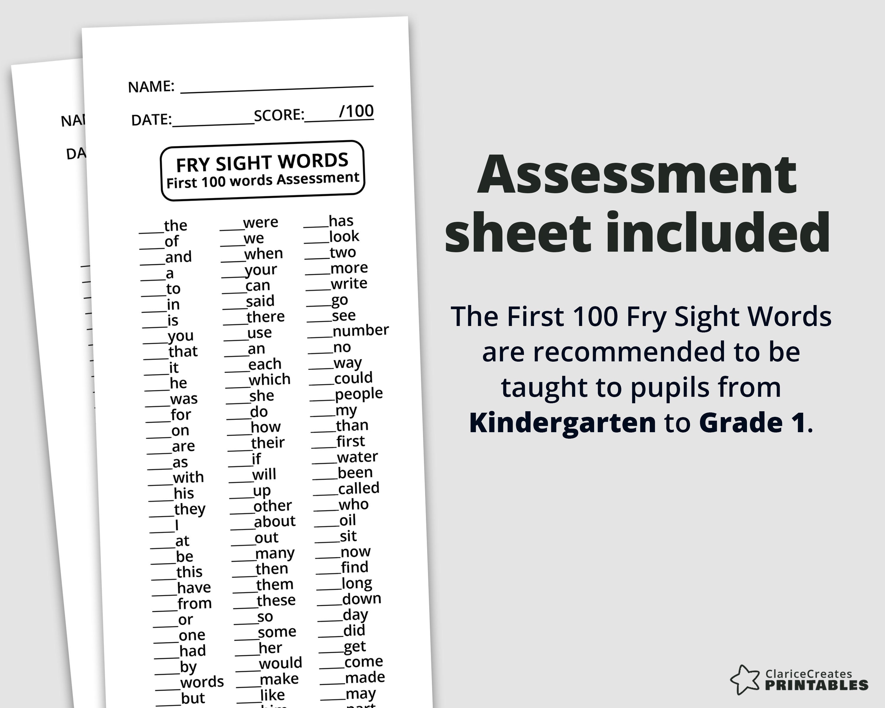Fry Sight Words Flashcards - First 100 With Assessment Sheet - Etsy