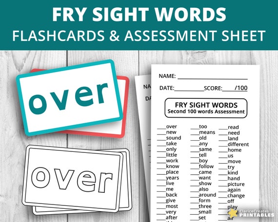 Fry Sight Words Flashcards Second 100 with Assessment Sheet | Etsy
