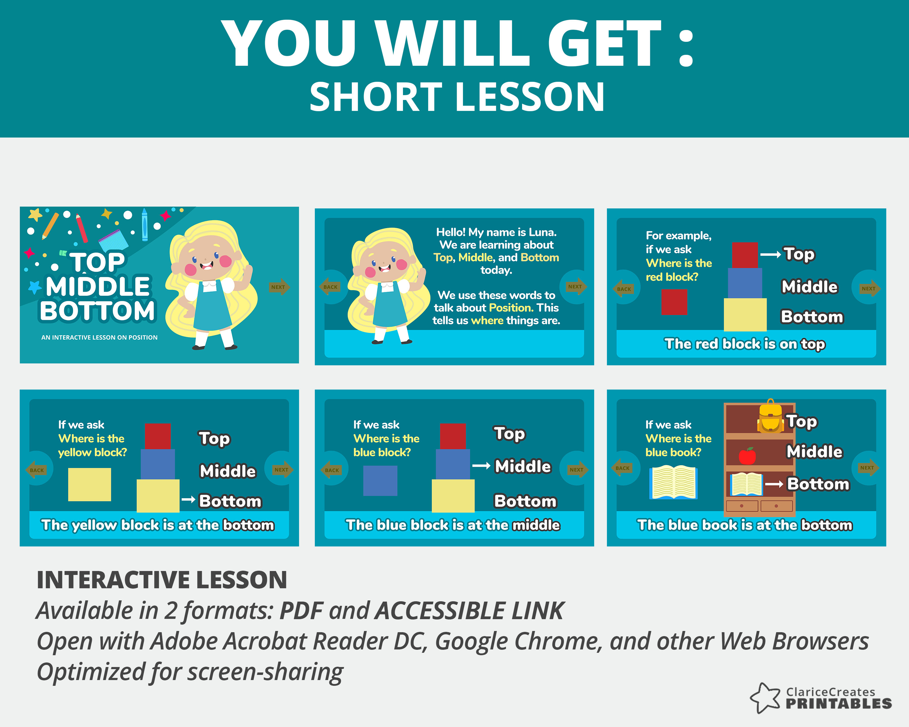 Interactive Lesson - Positions Top Bottom Middle - Kindergarten - PDF ...