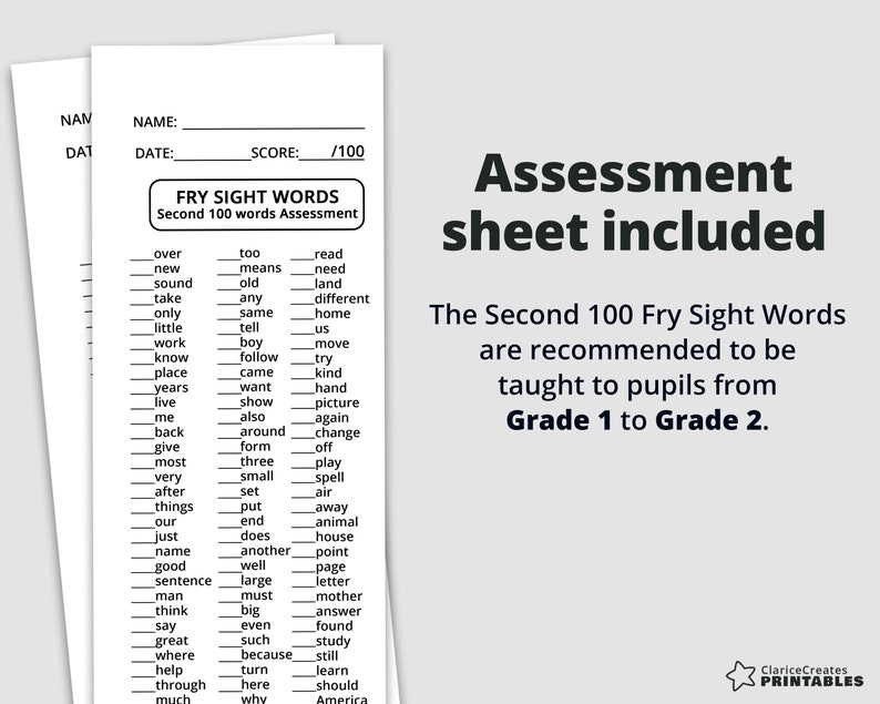 Fry Sight Words Flashcards - Second 100 With Assessment Sheet - Etsy