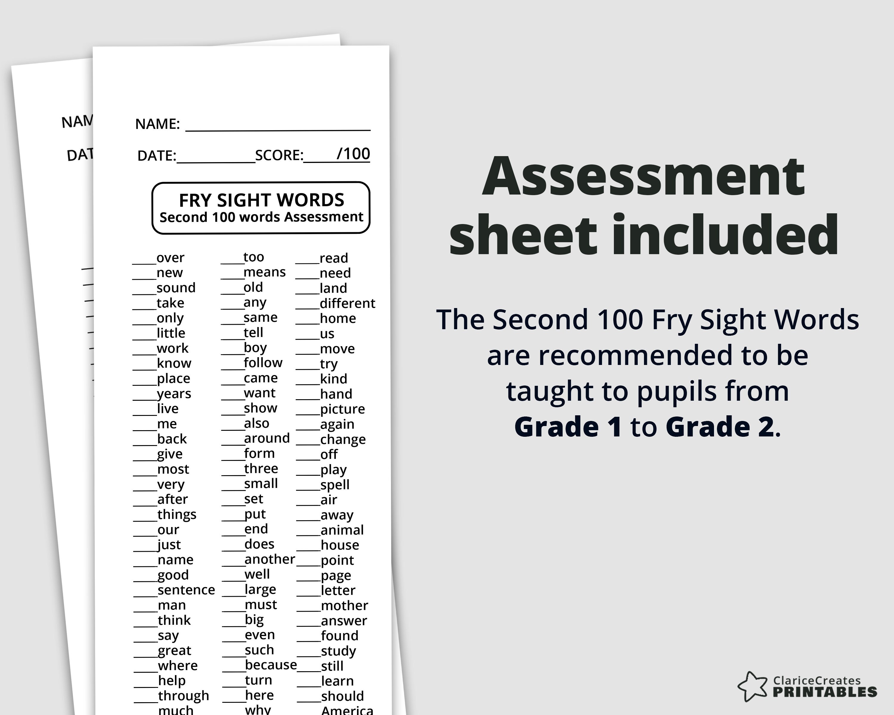 Fry Sight Words Flashcards - Second 100 With Assessment Sheet - Etsy