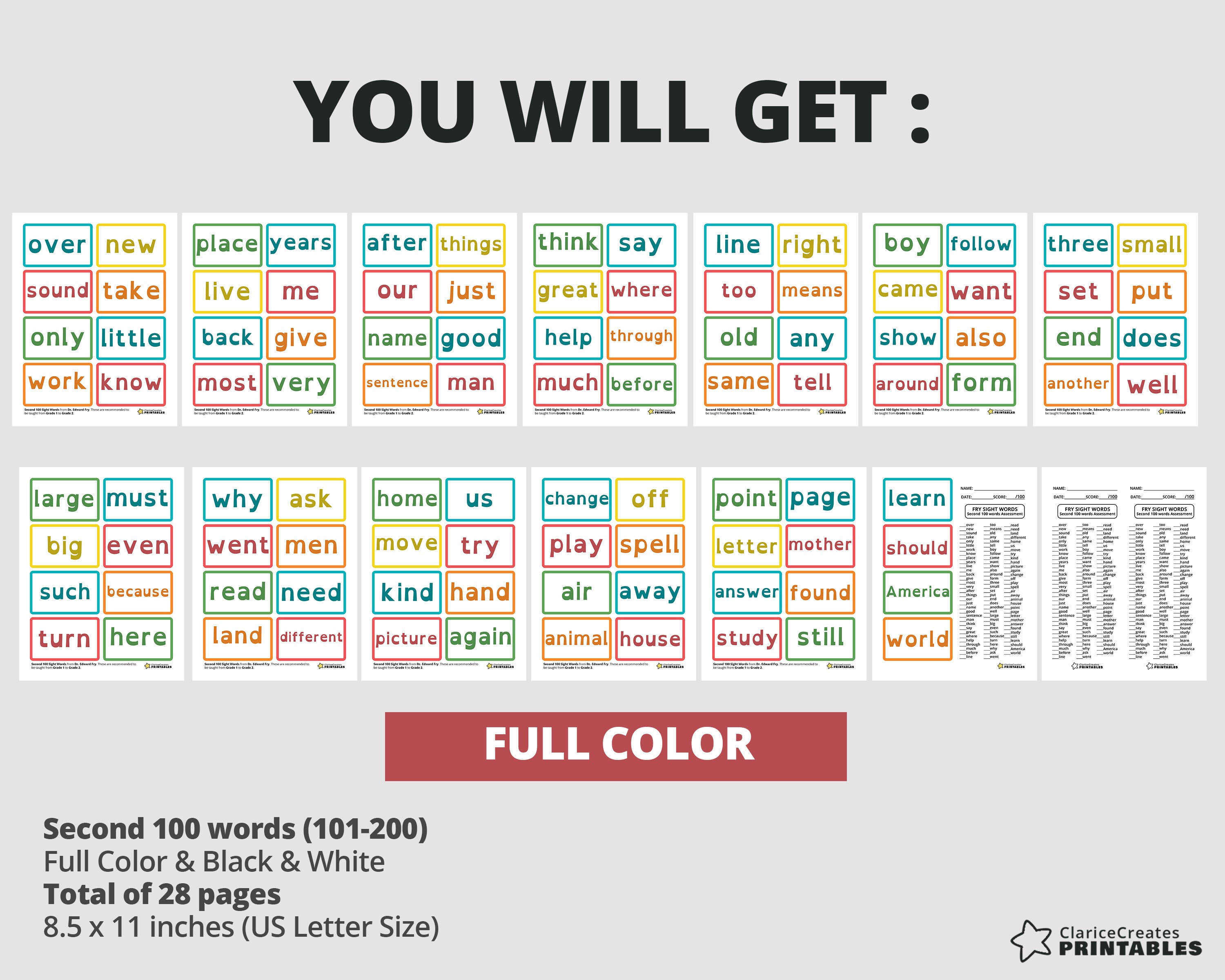 Fry Sight Words Flashcards - Second 100 With Assessment Sheet - Etsy
