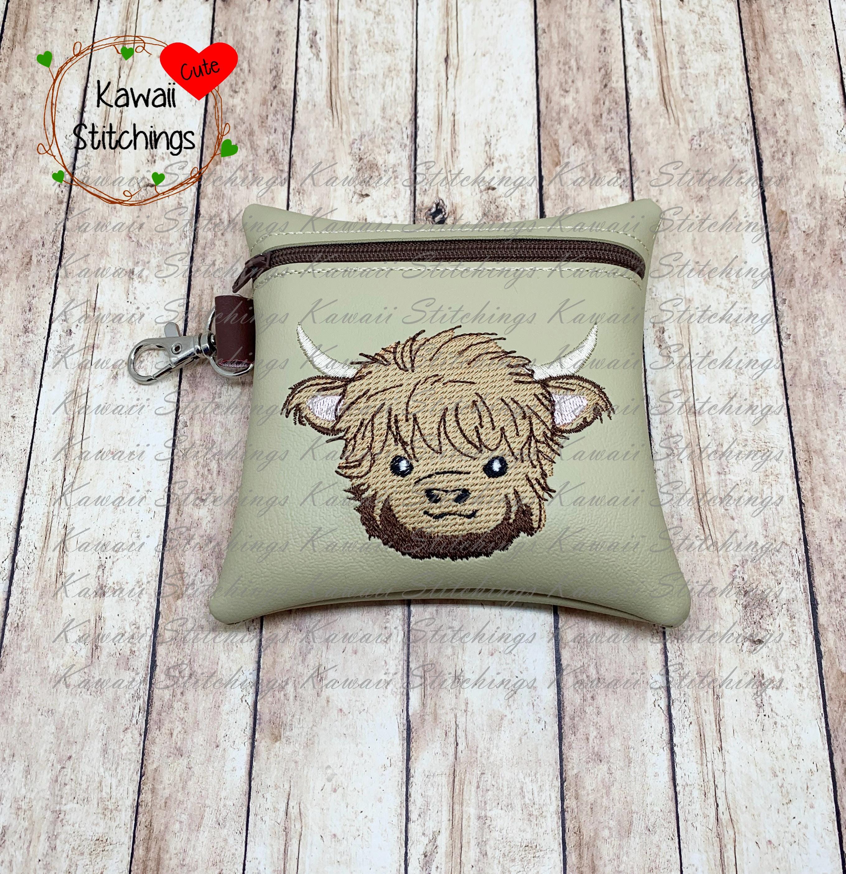 Kawaii Baby Highland Cow, 5x5, Zipper Bag, 5x7 Hoop Size, in the Hoop ...