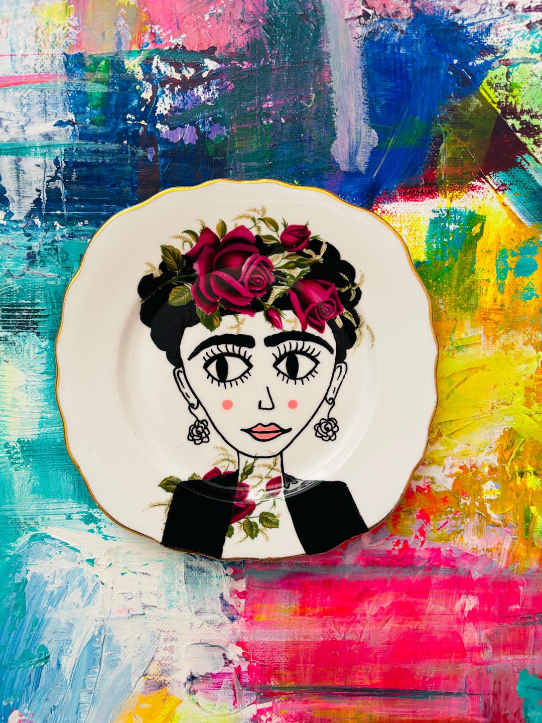 Pretty Vintage Hand Illustrated Plate of Frida Kahlo - Upcycled One off ...